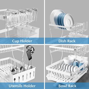 Dish Drying Rack, 2 Tier Dish Rack and Drainboard Set with Drainage, Rust-Proof 15.7" x 11.8" x 13.3" Dish Drainer with Removable Cup Holder, Utensil Holder for Kitchen Counter (White)