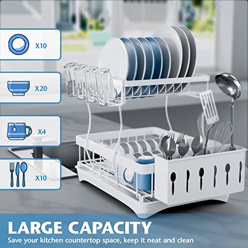 Dish Drying Rack, 2 Tier Dish Rack and Drainboard Set with Drainage, Rust-Proof 15.7" x 11.8" x 13.3" Dish Drainer with Removable Cup Holder, Utensil Holder for Kitchen Counter (White)