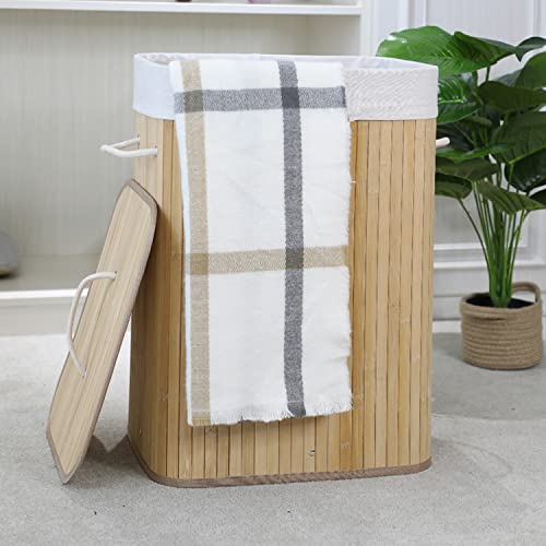 Laundry Hamper with Lid, Clothes Hamper with 2 Removable Liner Bags,Handwoven Bamboo Laundry Basket with Easy Carry Handles,Large Clothes Basket for Clothes,Bedroom, Toys in Bathroom, Beige