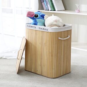 Laundry Hamper with Lid, Clothes Hamper with 2 Removable Liner Bags,Handwoven Bamboo Laundry Basket with Easy Carry Handles,Large Clothes Basket for Clothes,Bedroom, Toys in Bathroom, Beige