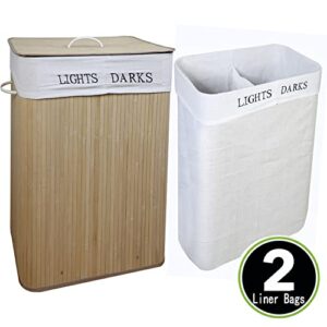 Laundry Hamper with Lid, Clothes Hamper with 2 Removable Liner Bags,Handwoven Bamboo Laundry Basket with Easy Carry Handles,Large Clothes Basket for Clothes,Bedroom, Toys in Bathroom, Beige