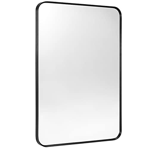 Minuover Wall Mount Mirror for Bathroom, Brush Black Metal Framed Rounded Corner Rectangular Vanity Mirror (24" x 36", Black)