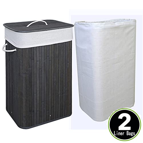 Clothes Laundry Hamper with Rope Handles Bamboo, with 2 Removable Liner Bags, Grey