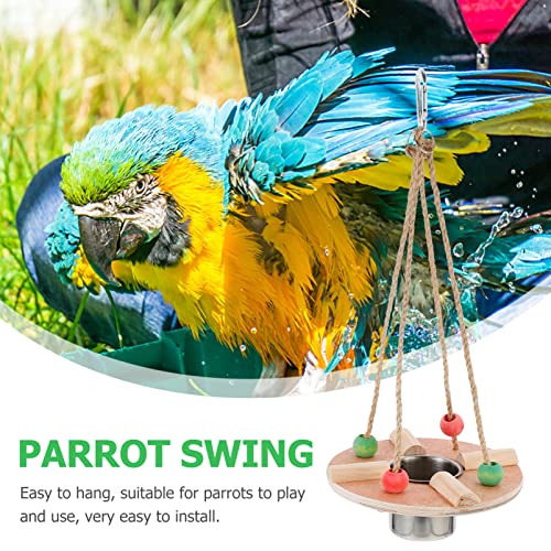 POPETPOP Bird Feeding Dish Cups with Wood Platform Hanging Parrot Cage Feeder Water Bowl Stainless Steel Birdcage Bowls Feeding Perch Play Stand Swing for Indoor Outdoor Pet Bird