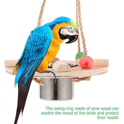 POPETPOP Bird Feeding Dish Cups with Wood Platform Hanging Parrot Cage Feeder Water Bowl Stainless Steel Birdcage Bowls Feeding Perch Play Stand Swing for Indoor Outdoor Pet Bird