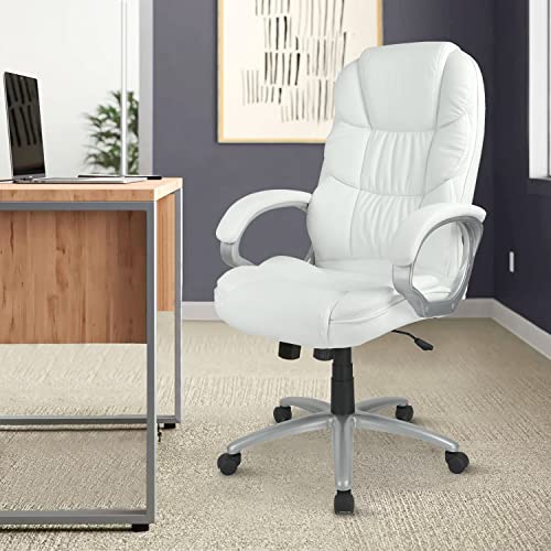 High Back Office Chair with Lumbar Support Office Chairs, PU Leather Executive Office Chair, Ergonomic Computer Swivel Task Desk Chairs with Wheels and Arms, White, 45"-48"