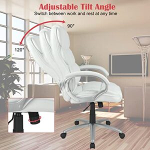 High Back Office Chair with Lumbar Support Office Chairs, PU Leather Executive Office Chair, Ergonomic Computer Swivel Task Desk Chairs with Wheels and Arms, White, 45"-48"