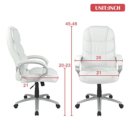 High Back Office Chair with Lumbar Support Office Chairs, PU Leather Executive Office Chair, Ergonomic Computer Swivel Task Desk Chairs with Wheels and Arms, White, 45"-48"