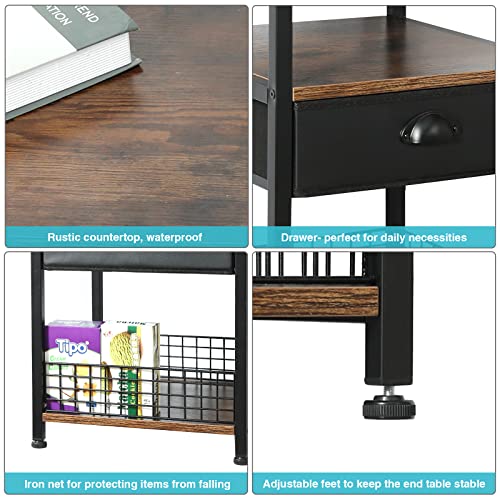 Industrial Nightstand, Bedside Table End Table with Storage Drawer, Open Wood Shelf, 16”x 16” Side Table with Adjustable Feet, for Bedside Sofa Couch, Living Room, Bedroom, Black and Brown