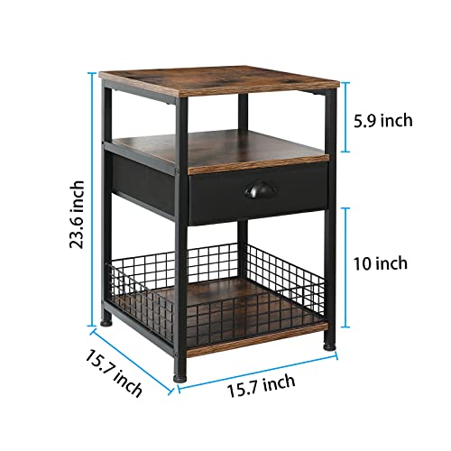 Industrial Nightstand, Bedside Table End Table with Storage Drawer, Open Wood Shelf, 16”x 16” Side Table with Adjustable Feet, for Bedside Sofa Couch, Living Room, Bedroom, Black and Brown