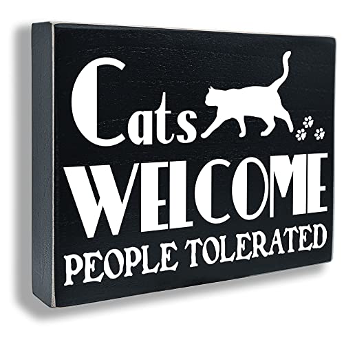 Maoerzai Cats Welcome People Tolerated Sign,Cat Decor, Cat Gifts,Funny Cat Signs,for Home Decor Cats Welcome Sign Cat Lover Gifts 8x6 Inches Hanging Wall Art. (8 X 6 inch, Black - Cat Sign)