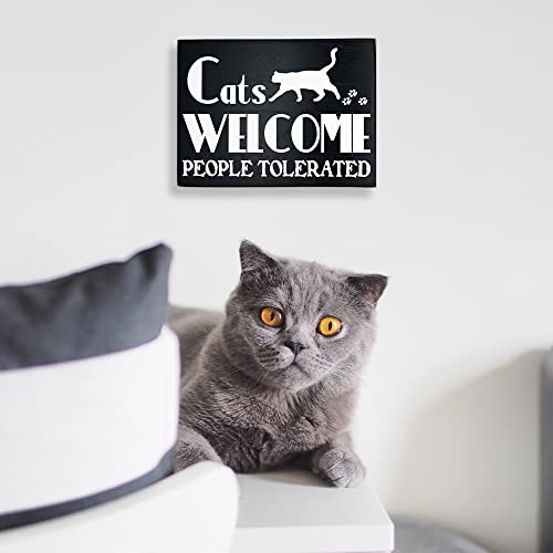 Maoerzai Cats Welcome People Tolerated Sign,Cat Decor, Cat Gifts,Funny Cat Signs,for Home Decor Cats Welcome Sign Cat Lover Gifts 8x6 Inches Hanging Wall Art. (8 X 6 inch, Black - Cat Sign)