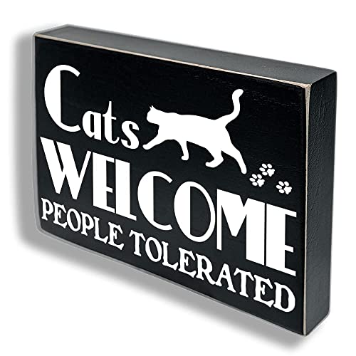 Maoerzai Cats Welcome People Tolerated Sign,Cat Decor, Cat Gifts,Funny Cat Signs,for Home Decor Cats Welcome Sign Cat Lover Gifts 8x6 Inches Hanging Wall Art. (8 X 6 inch, Black - Cat Sign)