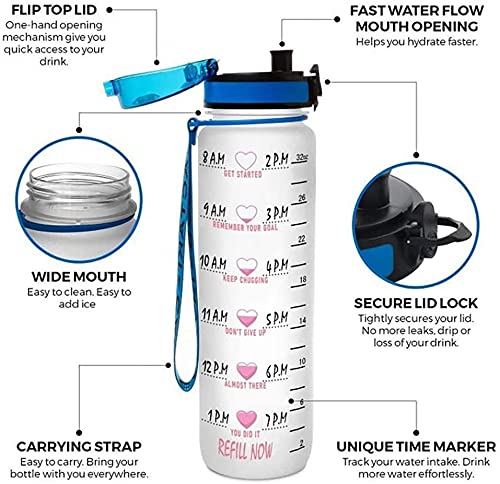 64HYDRO 32oz 1Liter Motivational Water Bottle with Time Marker & Removable Strainer, Water Tracker Bottles, Snow Wolf Water Bottles with Times to Drink, Cool Unique Inspirational Gifts for Men, Women