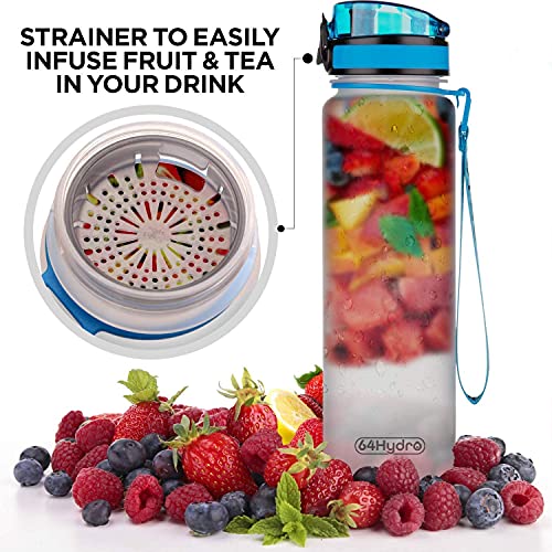 64HYDRO 32oz 1Liter Motivational Water Bottle with Time Marker & Removable Strainer, Water Tracker Bottles, Snow Wolf Water Bottles with Times to Drink, Cool Unique Inspirational Gifts for Men, Women