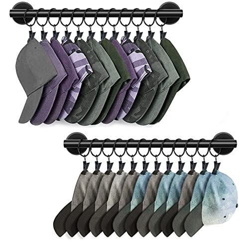 Lunies Hat Rack for Wall with 24 Hooks, Hat Organizer Holder for Baseball Caps, Cap Organizer Hanger, Hat Hanger for Closet, Black Hat Holder with Clips 2 Pack