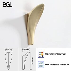 BGL Bath Towel Hooks Brushed Gold Pack of 5 Coat Hooks Wall Mount Leaves Design Heavy Duty Wall Hooks for Bathroom Kitchen Hallway Storage & Decoration