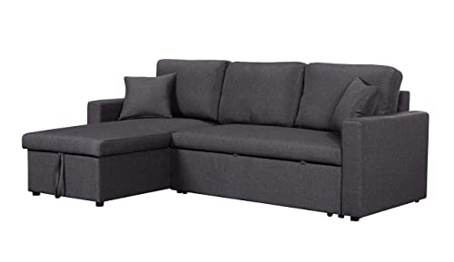 Lilola Home Linen Fabric Reversible Sleeper Sectional Sofa with Storage Chaise, Dark Gray