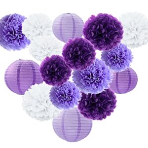 16Pcs of Tissue Paper Pom Poms Mixed Paper Lanterns Craft Kit, Suitable for Lavender Purple Theme Party/ Baby Shower /Birthday Party Decoration/Bridal Shower/Wedding Party Decoration （Purple）