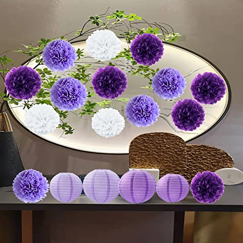 16Pcs of Tissue Paper Pom Poms Mixed Paper Lanterns Craft Kit, Suitable for Lavender Purple Theme Party/ Baby Shower /Birthday Party Decoration/Bridal Shower/Wedding Party Decoration （Purple）