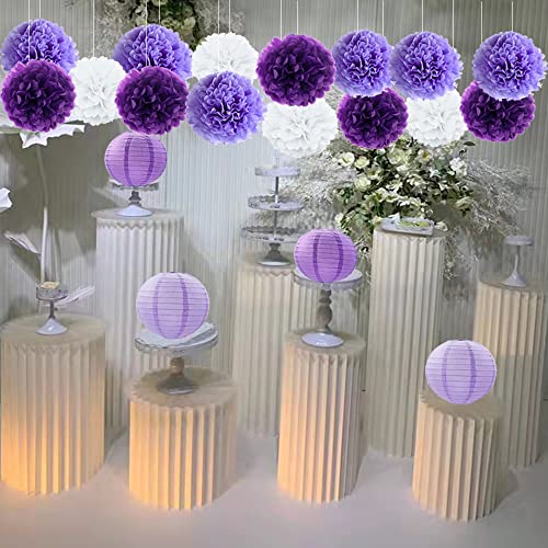 16Pcs of Tissue Paper Pom Poms Mixed Paper Lanterns Craft Kit, Suitable for Lavender Purple Theme Party/ Baby Shower /Birthday Party Decoration/Bridal Shower/Wedding Party Decoration （Purple）