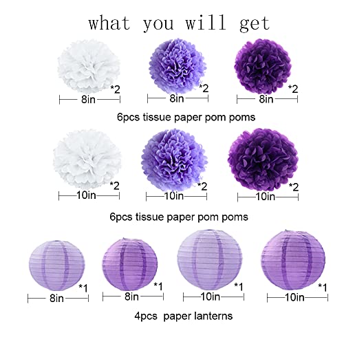 16Pcs of Tissue Paper Pom Poms Mixed Paper Lanterns Craft Kit, Suitable for Lavender Purple Theme Party/ Baby Shower /Birthday Party Decoration/Bridal Shower/Wedding Party Decoration （Purple）