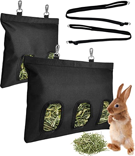 Rabbit Hay Feeder Bag, Hay Holder Storage for Rabbit Guinea Pig Bunny, Light Black Hanging Feeding Hay 600D Oxford Cloth Fabric 2 Pcs