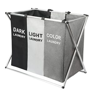 laundry cloth hamper sorter basket bin foldable 3 sections with aluminum frame washing storage dirty clothes bag for bathroom bedroom home storage basket (black+gray+dark grey, 3 liner)