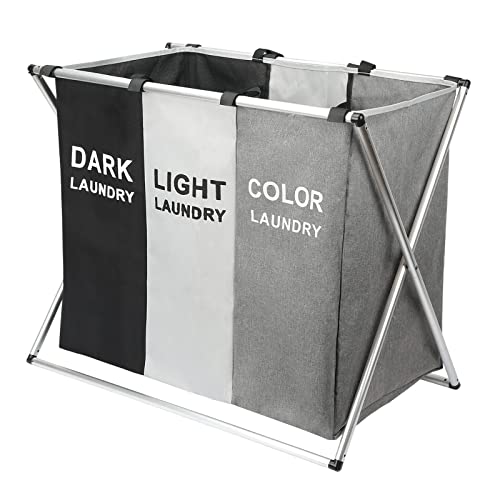 Laundry Cloth Hamper Sorter Basket Bin Foldable 3 Sections with Aluminum Frame Washing Storage Dirty Clothes Bag for Bathroom Bedroom Home Storage Basket (Black+Gray+Dark grey, 3 Liner)