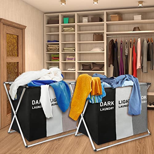 Laundry Cloth Hamper Sorter Basket Bin Foldable 3 Sections with Aluminum Frame Washing Storage Dirty Clothes Bag for Bathroom Bedroom Home Storage Basket (Black+Gray+Dark grey, 3 Liner)