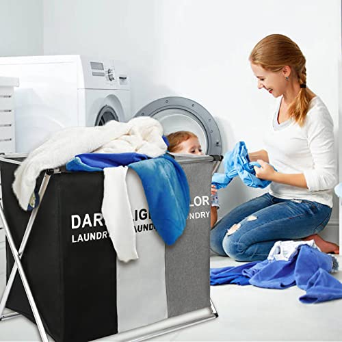 Laundry Cloth Hamper Sorter Basket Bin Foldable 3 Sections with Aluminum Frame Washing Storage Dirty Clothes Bag for Bathroom Bedroom Home Storage Basket (Black+Gray+Dark grey, 3 Liner)