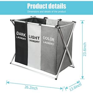 Laundry Cloth Hamper Sorter Basket Bin Foldable 3 Sections with Aluminum Frame Washing Storage Dirty Clothes Bag for Bathroom Bedroom Home Storage Basket (Black+Gray+Dark grey, 3 Liner)