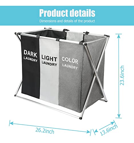 Laundry Cloth Hamper Sorter Basket Bin Foldable 3 Sections with Aluminum Frame Washing Storage Dirty Clothes Bag for Bathroom Bedroom Home Storage Basket (Black+Gray+Dark grey, 3 Liner)