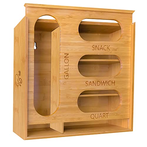 Bamboo Ziplock Bag Storage Organizer for Kitchen Drawer And wall mounted, Openable Bamboo Ziplock Baggie Holder With Easy To Slide Out Cover, 13" L 12" W 3" H