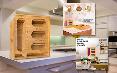 Bamboo Ziplock Bag Storage Organizer for Kitchen Drawer And wall mounted, Openable Bamboo Ziplock Baggie Holder With Easy To Slide Out Cover, 13" L 12" W 3" H