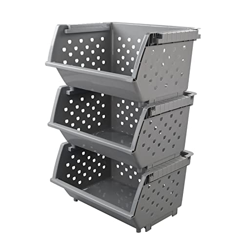 Nesmilers 3-pack Stackable Storage Baskets, Plastic Stacking Organizer Bins