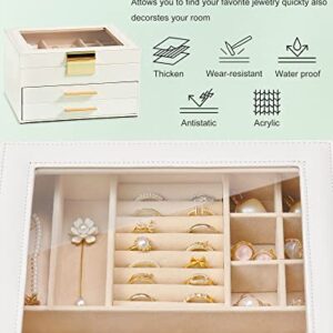 MILONT 3-Layer Jewelry Box for Women - PU Leather Jewelry Organizer with Clear Top - Perfect Jewelry Storage for Rings, Earrings, Necklaces, and Bracelets - Classy Ivory White