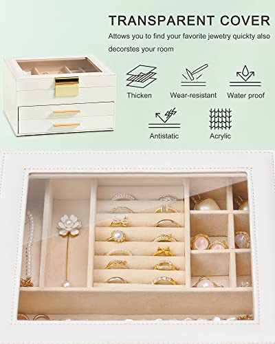 MILONT 3-Layer Jewelry Box for Women - PU Leather Jewelry Organizer with Clear Top - Perfect Jewelry Storage for Rings, Earrings, Necklaces, and Bracelets - Classy Ivory White