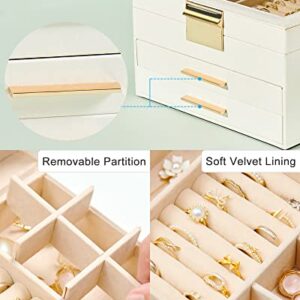 MILONT 3-Layer Jewelry Box for Women - PU Leather Jewelry Organizer with Clear Top - Perfect Jewelry Storage for Rings, Earrings, Necklaces, and Bracelets - Classy Ivory White