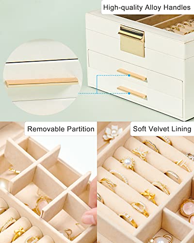 MILONT 3-Layer Jewelry Box for Women - PU Leather Jewelry Organizer with Clear Top - Perfect Jewelry Storage for Rings, Earrings, Necklaces, and Bracelets - Classy Ivory White