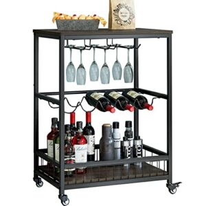 hithos industrial bar carts for the home, mobile bar serving cart, wine cart on wheels, beverage cart with wine rack and glass holder, rolling drink trolley for living room, kitchen, dark brown