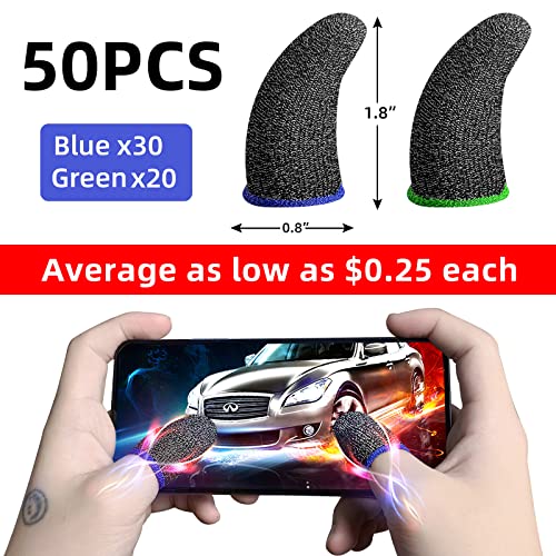 50 PCS Silver Fiber Gaming Finger Sleeves,Mobile Phone Game Controller Finger Thumb Sleeves Finger Seamless Touchscreen Anti-Sweat Breathable Finger Covers,for League of Legend, PUBG,Rules of Survival