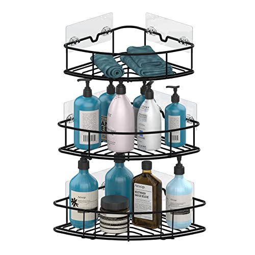 AXTEE Corner Shower Caddy, Shower Shelf with Hooks, 3 Pack Shower Organizer Storage - SUS304 Stainless Steel Bathroom Shower Organizer for Bathroom, Toilet, Kitchen and Dorm - Black