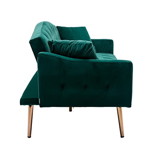 Accent Couch,Velvet Futon Sofa Bed,Sleeper Sofa Couch with 2 Pillows,Tufted Loveseat Sofa with 5 Golden Metal Legs Mid Century Modern Sofas for Home Living Room Bedroom(Green)