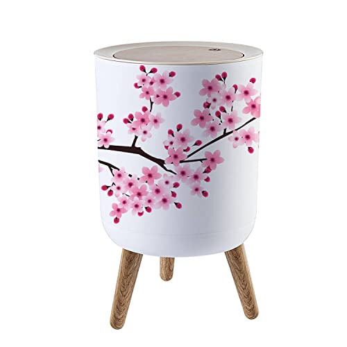 EINGDVPRWEK Trash Can with Lid Cherry Blossom Spring Flower Japan Press Cover Small Garbage Bin Round with Wooden Legs Waste Basket for Bathroom Kitchen Bedroom 7L/1.8 Gallon Multicolor 8.6*14.3 inch