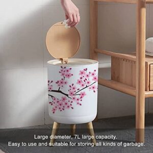 EINGDVPRWEK Trash Can with Lid Cherry Blossom Spring Flower Japan Press Cover Small Garbage Bin Round with Wooden Legs Waste Basket for Bathroom Kitchen Bedroom 7L/1.8 Gallon Multicolor 8.6*14.3 inch