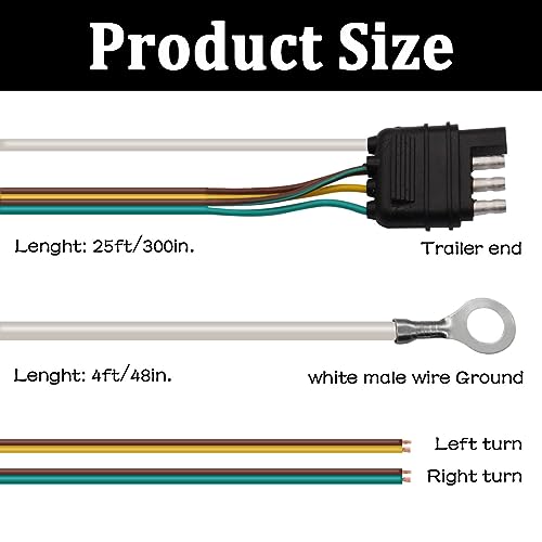 Seamaka 25ft 4 Wire 4-Flat Trailer Light Wiring Harness Extension Kit, Trailer Wiring Harness with 18 Gauge White Ground Wire for Trailers O-016