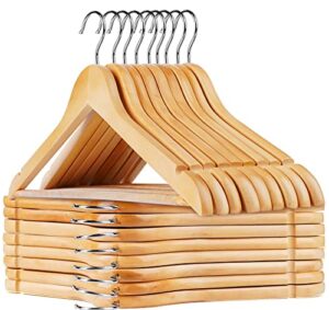 houÍsm wooden hangers 30 pack, solid wooden suit hangers coat hangers with non-slip pants bar, 360° swivel hook & notches, smooth finish, heavy duty clothes hangers for coats, suits, pants and jackets