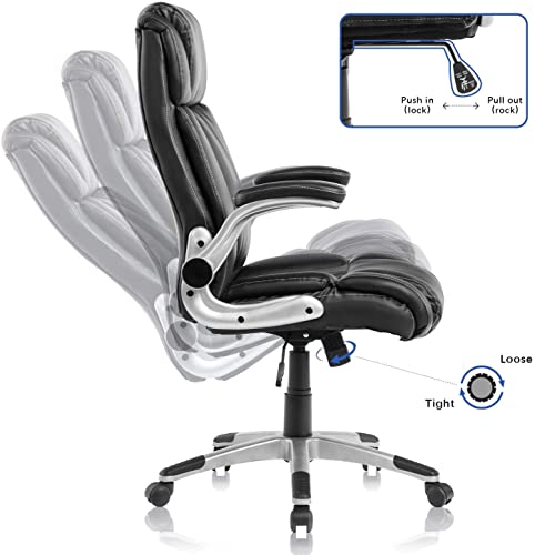 KCREAM Executive Office Chair PU Leather with Flip-up Arms, Desk Chair Swivel Task Chair with Lumbar Support, Adjustable Height/Tilt, 360-Degree Swivel, 300Lb Weight Capacity