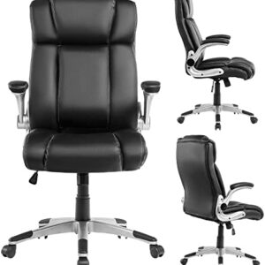 KCREAM Executive Office Chair PU Leather with Flip-up Arms, Desk Chair Swivel Task Chair with Lumbar Support, Adjustable Height/Tilt, 360-Degree Swivel, 300Lb Weight Capacity